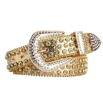 Generic Ceinture en cuir cloutée avec strass pour femme Style punk Boucle ardillon Ceinture pour Jeans, doré, 110