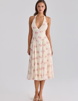 House of CB Solada - Robe dos nu mi-longue en georgette &agrave; imprim&eacute; roses vintage - Ivoire-Blanc
