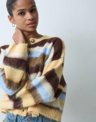 Miss Selfridge cardigan &agrave; col rond en maille bross&eacute;e &agrave; rayures multicolores