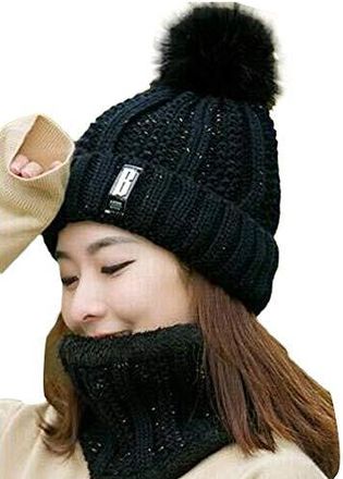 Generic Bonnet de baseball chaud tricoté pour femme avec écharpe en velours pour entraînement par temps froid et vie quotidienne, Noir, taille unique