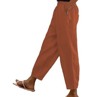 Generic Pantalon en coton et lin pour femme - Jambe large - Pantalon de plage d&eacute;t&eacute; pour femme - Confortable - Pantalon de yoga Palazzo XIYU26006, rouge brique