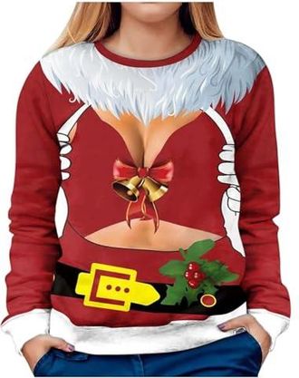 Generic Pull Moche De Noel Femme Manches Longues, Sweat De No&euml;l Femme Imprim&eacute; Sexy 3D Col Rond Familial Rigolo Christmas Chaud Haut Automne Hiver V&ecirc;tements Ne