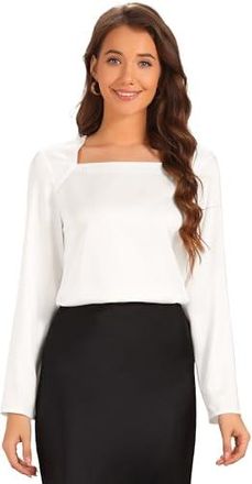 Allegra K Chemisier en Satin Femme Blouse Ample à Manches Longues et Col Carré Haut Doux Élégant Blanc XS