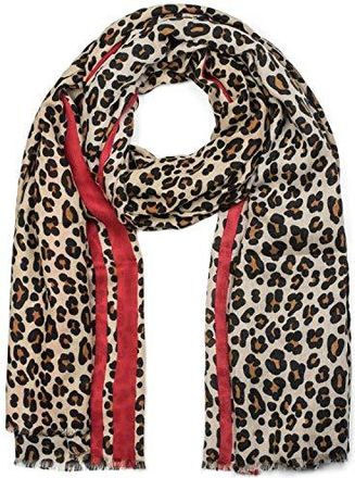 styleBREAKER Châle pour femme avec motif léopard, rayures colorées et franges, écharpe dhiver, étole, foulard 01017082, couleur:Marron-rouge