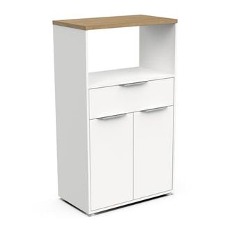 Demeyere Meuble Micro-Onde Bas avec Rangements en Bois 2 Portes & 1 Tiroir - Style Scandinave - Coloris Blanc Mat & Chêne Hamilton - 70 x 123 x 40 cm