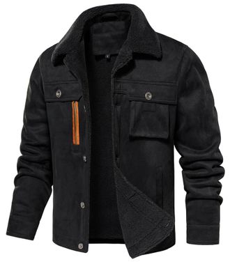 Feoya Winterjacke Herren Kunstwildleder Sherpa-Fleecefutter Warme Jacke Winter Cargo Jacke mit Teddyfell-Kragen Outdoor Winddichte &Uuml;bergangsjacke Milit&auml;risc