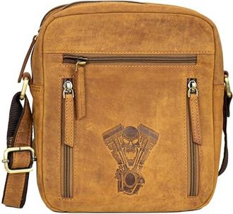 MDM Sac à bandoulière en cuir véritable avec tête de mort en V et double gaufrage vintage pour le quotidien, marron clair, Mittelgroße