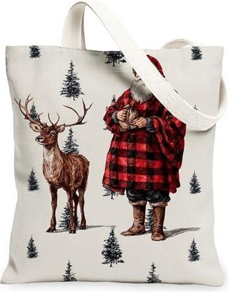 Generic Sacs fourre-tout en toile de vacances, motif cerf rustique et pin, sacs d&eacute;picerie r&eacute;utilisables, sacs d&eacute;picerie vintage, l&eacute;gers et lavables pour voyag