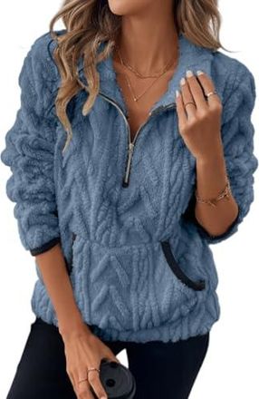 Generic Pull en polaire à quart de fermeture éclair pour femme - Pull en polaire pelucheuse décontracté avec poche, bleu, 3XL