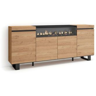 Skraut Home Buffet salon et cuisine, Meuble de Rangement, Commode, 200x87x35cm, 4 Portes, Chemin&eacute;e &eacute;lectrique, Design industriel, Style moderne, Ch&ecirc;ne et noir