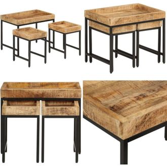 vidaXL Satztische 3 Stk. Raues Massivholz Mango und Eisen - Mangoholz M&ouml;bel - Couchtisch - Beistelltisch - Nighstand - Wohnzimmerschmuck - Home & Living