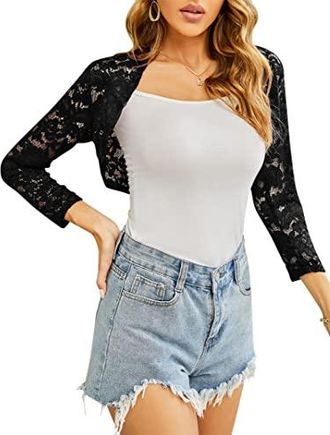 KOJOOIN Veste boléro en Dentelle pour Femme Cardigan Court Festif à Manches Longues pour Robe de Cocktail de Mariage,Noir 2,S