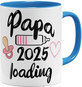 OM3 Papa Loading 2025 Kaffee-Tasse mit süßem Spruch - Lustige Schwangerschaftsverkündung für Mädchen Girl - Keramik Becher - 325ml - Beidseitig Bedruckt -