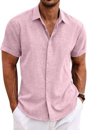 Coofandy Chemises d&eacute;t&eacute; Hommes Lin Manches Courtes Casual Plage Vacances Chemise Boutonn&eacute;e Rose XXL