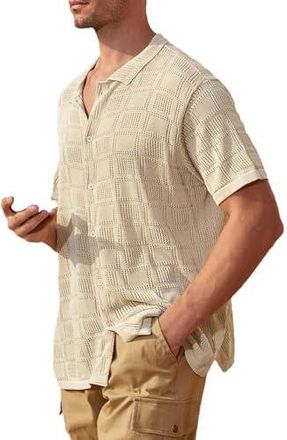 Generic Chemise ajour&eacute;e Y2K &agrave; manches courtes pour homme - Col en V - Respirant - Coupe ajust&eacute;e - Pour l&eacute;t&eacute; - V&ecirc;tements de course - L&eacute;ger et confortable, beig