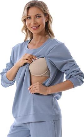 Feoya Allaitement Sweatshirt Décontracté Enceintes Maternité Sweat-Shirt à Manches Longues Confortable Haut dallaitement Vêtements de Grossesse Pull Chaud S