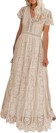 Merokeety Robe Longue pour Femme avec col en V et Manches Courtes en Dentelle Florale - Mariage - Demoiselle dHonneur - Cocktails, Abricot, Taille XL