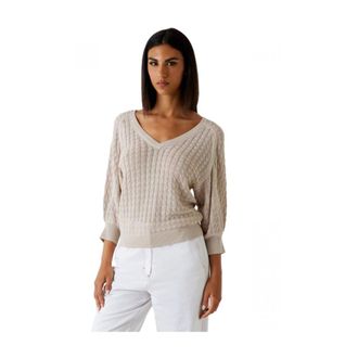 Guess Femme, Pulls, Beige, Taille: 40 FR Pull en maille &agrave; col en V