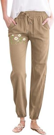 Generic Pantalon en coton et lin pour femme - Jambe large - Pantalon de plage d&eacute;t&eacute; pour femme - Confortable - Pantalon de yoga Palazzo XIYU26033, kaki, XXL