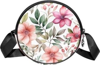 Generic Petit sac &agrave; bandouli&egrave;re circulaire pour femme, motif feuilles florales, sac &agrave; dos avec fermeture &eacute;clair, bretelles r&eacute;glables, sac &agrave; main rond d&eacute;contra