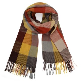 Glamexx24 Damen Winter Kariert Schal, Strickset Schal &uuml;bergro&szlig;er Quadratisch Deckenschal Halstuch Streifen Muster Fransen Ponch, Gelb-Braun-Orange