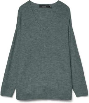 Vero Moda Femme Vmcrewlefile Ls V-Neck Blouse Noos Sweater, Balsam Green/Detail:Melange, XL EU