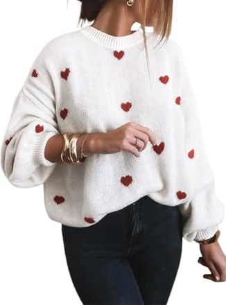 ORANDESIGNE Pull Femme Chic et Elegant Ample Pullover Col Rond Manche Longue Pull Oversize Hiver Pulls Fin Tricoté Motif Coeurs B Blanc XXL
