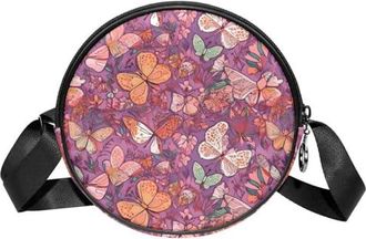 Generic Petit sac &agrave; bandouli&egrave;re circulaire pour femme, motif papillons et fleurs, sac &agrave; dos &agrave; bandouli&egrave;re r&eacute;glable avec fermeture &eacute;clair, sac &agrave; main rond d&eacute;co