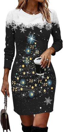 Minetom Weihnachtskleid Damen Weihnachten Rundhalsausschnitt Langarm Kleid Mini Partykleid Xmas Druck Party Kost&uuml;m A1 Schwarz 01 XL