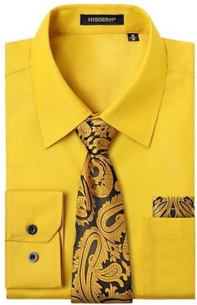 Hisdern Chemise Jaune Homme Manches Longues Formelle Chemises Business avec Cravate Habillée Chemise Mariage Casual avec Poche Regular XL