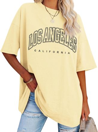 Dresswel Oversized T Shirt Damen Los Angeles California Brief drucken Vintage T-Shirt Kurzarm Rundhals Sommer Oberteile Lose Bluse Lang Tunika Top f&uuml;r Teenager