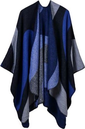 ORANDESIGNE Poncho Femme Hiver Chaud Cape Elegant Poncho Imitation Cachemire Chale Ch&acirc;le Motifs G&eacute;om&eacute;triques D Bleu Fonc&eacute;