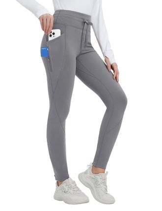 Baleaf Thermo Leggings Damen Fleece gef&uuml;tterte Hose Taille Wasserdicht Thermal Winter Kn&ouml;chel Zip Ski Wandern Hose mit Tasche Grau XL