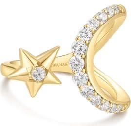 Ania Haie Melodic Poet Sparkling Moon and Star Bague ouverte pour femme en argent sterling plaqué or 14 carats, avec lune et étoile avec zircons, taille EUR 50-