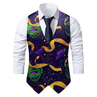 Generic Herren Weste Karneval Kost&uuml;m Bunt Bedruckt Masken Muster Anzugweste V-Ausschnitt Fasching Party Outfit Venedig Themenparty Herrenweste f&uuml;r B&uuml;hne Umzug
