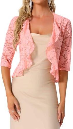 Allegra K Gilet en Dentelle Femme Manches 3/4 Cardigan à Volants Demi-Transparent Haussement dÉpaules Élégant Boléro pour Robe de Mariage Rose XS