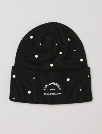 Karl Lagerfeld Beanie aus Woll-Kaschmir-Mischung mit Kontrastlogo und Perlen