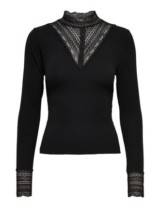 Only Damen Onltilde L/S High Neck Lace Top JRS Noos Langarmshirt, Black/Detail:Black Lace, L EU