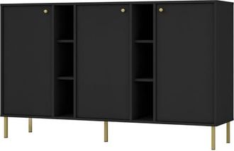 Selsey Oktio Kommode Schwarz-Graphit 95x157,7x40,8 cm - Elegantes Design mit Goldenen Metallf&uuml;&szlig;en - 3 T&uuml;ren, 6 offene F&auml;cher f&uuml;r Stauraum - Laminierte Spanpl
