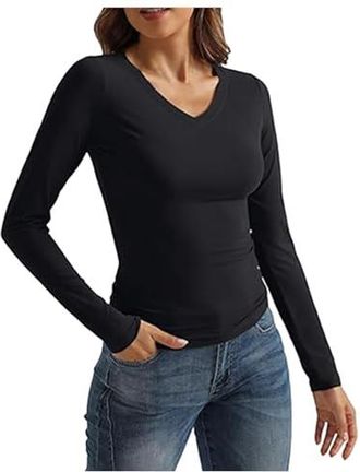 Generic Tee Shirt Manche Longue Femme Col V, Haut Moulant Slim Fit Top Sexy Extensibles Couleur Unie Tunique Pas Cher D&eacute;Contract&eacute; Pullover Chic Et &Eacute;L&eacute;Gant pou