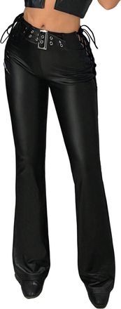 SOLY HUX PU Leder Hosen Damen Y2k Kunstlederhose Schlaghosen Rave Freizeithose mit Knoten Niedriger Taille Partyhose mit G&uuml;tel Festival Outfit Schwarz S