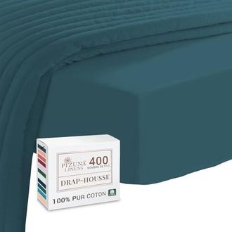 Pizuna Coton Peign&eacute; Drap Housse 200x200 cm Bleu Paon, 100% Coton Longue Tige 400 Fils Armure Satin, Drap Housse de Luxe Bonnet 40 cm