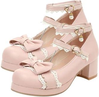BESPORTBLE Chaussures Lolita &agrave; Talon &Eacute;pais pour Femmes Bout Rond en Cuir Rose Noeud D&eacute;coratif Semelle Antid&eacute;rapante R&eacute;sistante pour Cosplay et Tenue D&eacute;contract&eacute;e