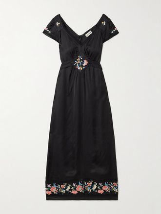 Rixo Robe Midi En Satin À Broderies Et À Finitions En Dentelle Carey - Noir