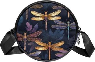 Generic Petit sac &agrave; bandouli&egrave;re rond pour femme, motif libellule dor&eacute;e avec fermeture &eacute;clair, bretelles r&eacute;glables, sac &agrave; main rond d&eacute;contract&eacute; pour femmes et 