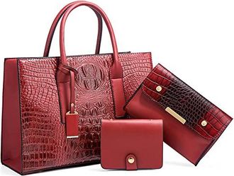 Generic Lot de 3 sacs &agrave; main pour femme avec poign&eacute;e sur le dessus, sac &agrave; bandouli&egrave;re tendance crocodile, grand sac fourre-tout pour femme, Rouge, Large