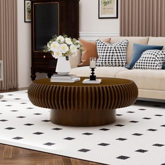 Generic Runder Couchtisch im modernen Stil aus geriffeltem Holz mit Massivholzfurnier, Mid-Century-Beistelltisch, ideal f&uuml;r Wohnzimmer und kleine Wohnungen,J8