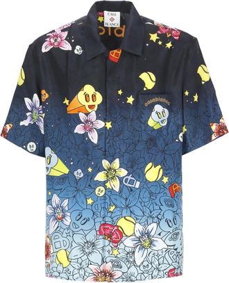 Casablanca Homme, Chemises, Bleu, Taille: S Chemise en Soie &agrave; Manches Courtes Collage DIcones