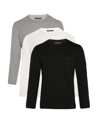 French Connection Lot de 3 t-shirts en coton &agrave; manches longues et col ras de cou - Noir