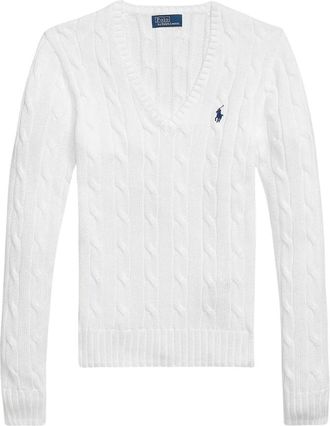 Polo Ralph Lauren Femme, Pulls, Blanc, Taille: 42 FR Pull en maille torsad&eacute;e &agrave; col en V en coton